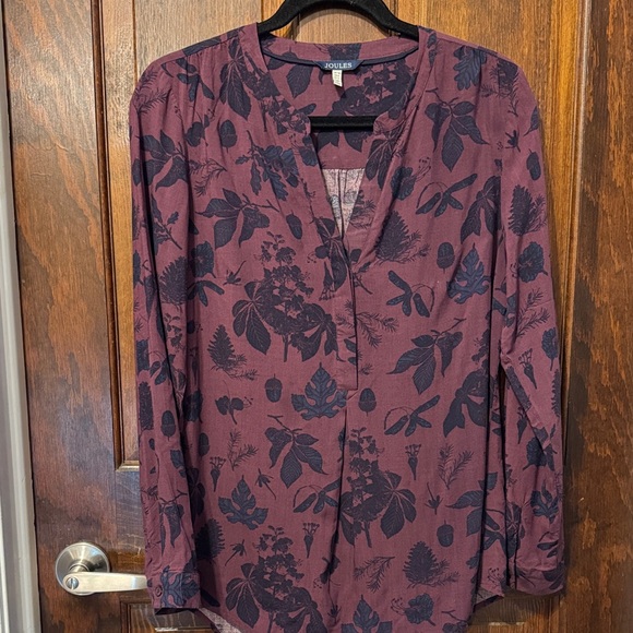 Joules | Tops | Joules Burgundy Leaf Print Long Sleeve Vneck Blouse ...